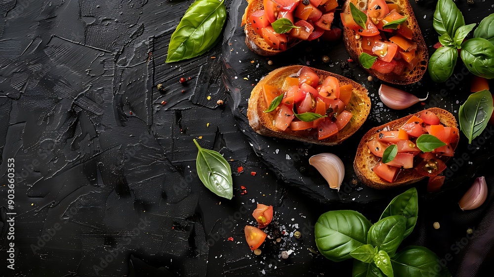 Delectable bruschetta with diced tomatoes, garlic, basil, and olive oil ...