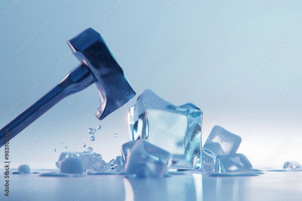 Hammer cracking ice block, minimalist style. Abstract, cold shapes ...