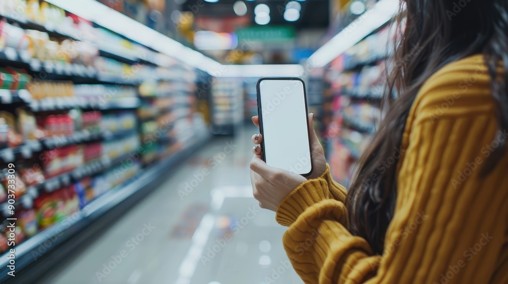 Female hand holding smartphone at supermarket and checking shopping ...