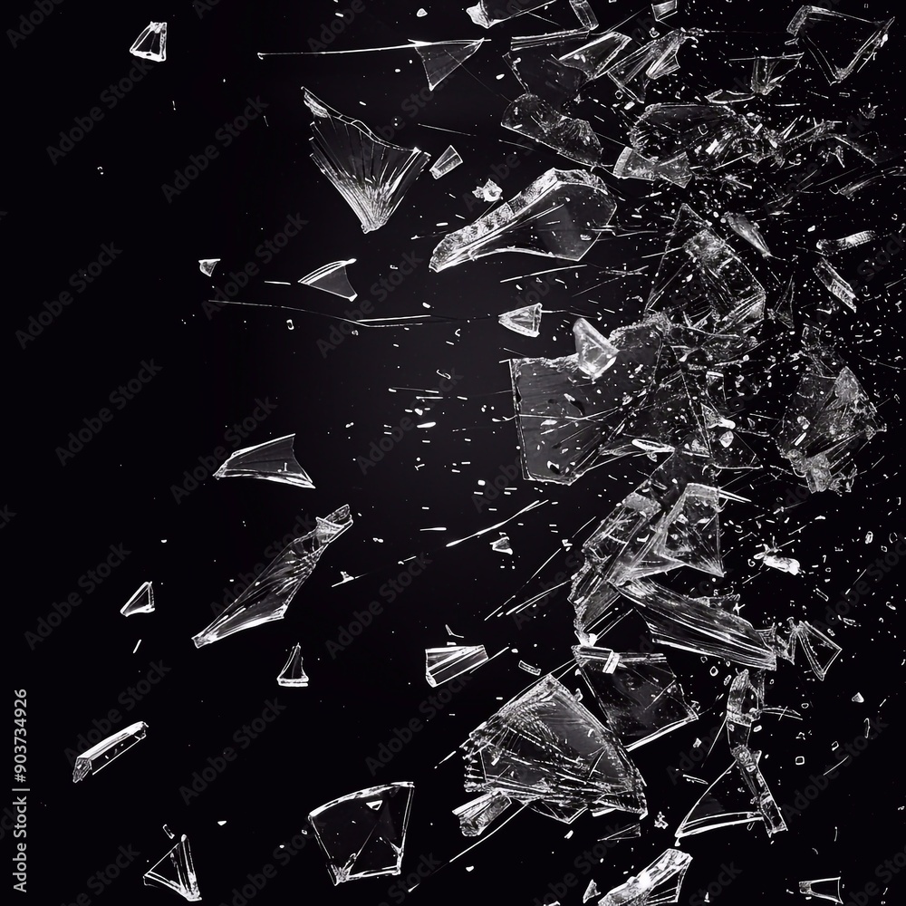 Shattered and broken glass shards flying through the air after crush ...