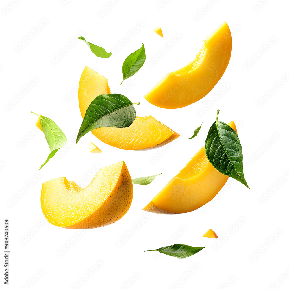 falling Mango with half slices falling or floating isolated on ...