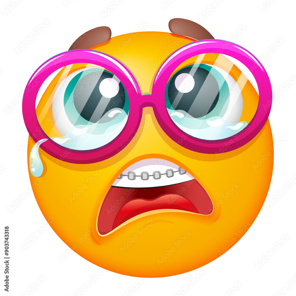 Crying emoji with dental teeth braces. Nerd emoticon in glasses on ...