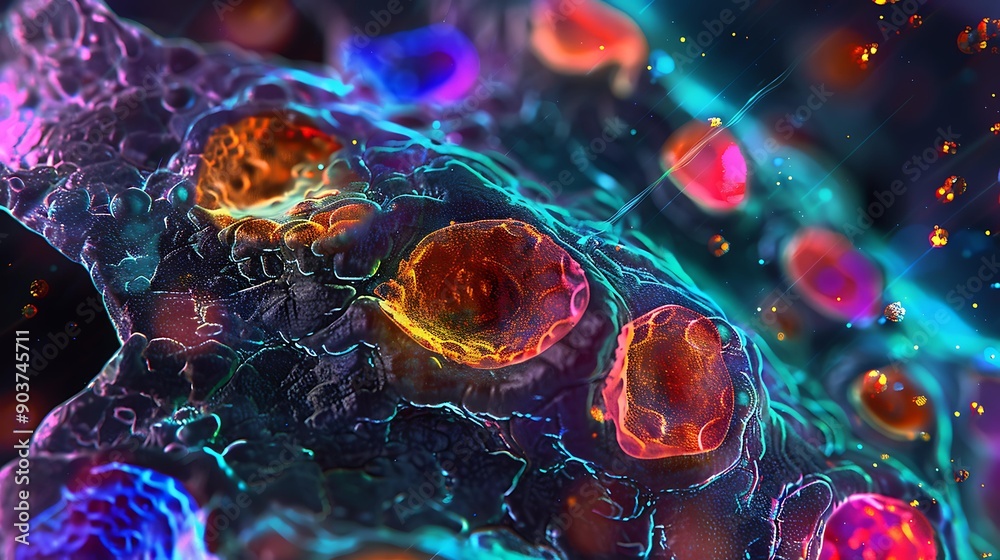 Abstract representation of stem cells in vivid colors, showing detailed ...