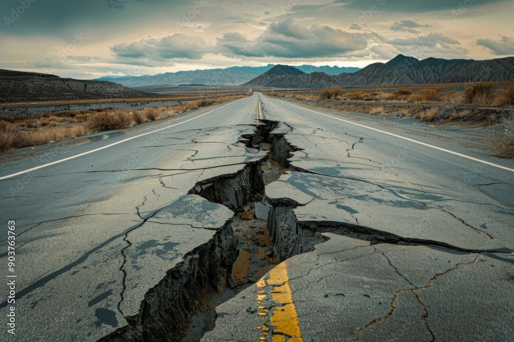 Damage highway collapses huge cracks. Asphalt road collapsed and fallen ...