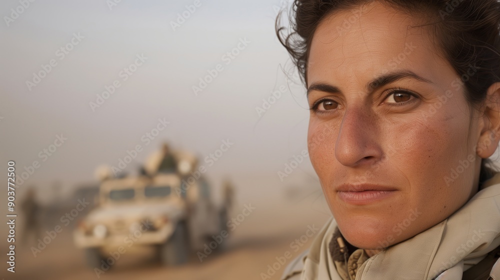 Confident Woman Military Soldier in Desert Environment with Armored ...