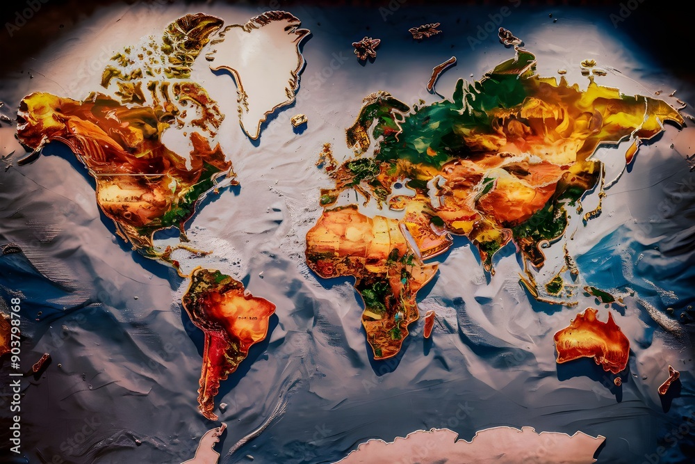 World map with all seven continents with textural surface topography ...