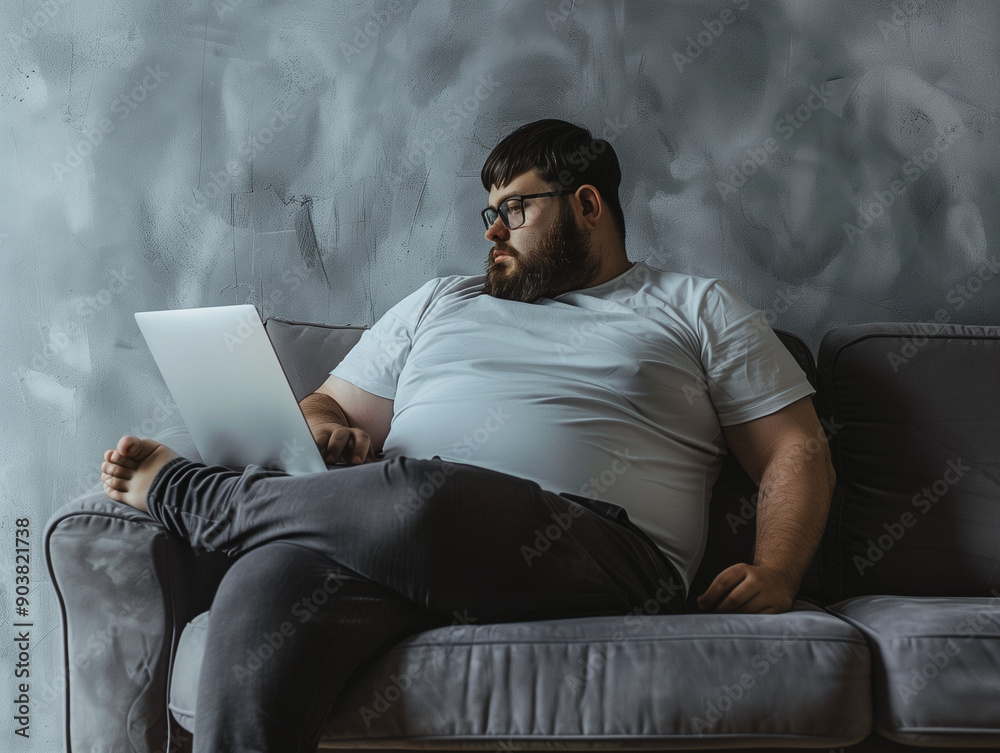 Fat man with big belly and body sitting on sofa while using laptop ...