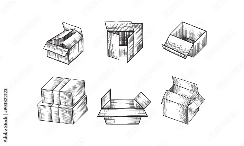 Cardboard boxes set. Closed and open empty postal packages collection ...
