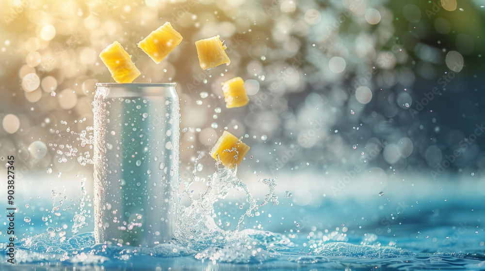 tall slender white soft-drink can floating, tilted up slightly, facing camera, cubed little ...