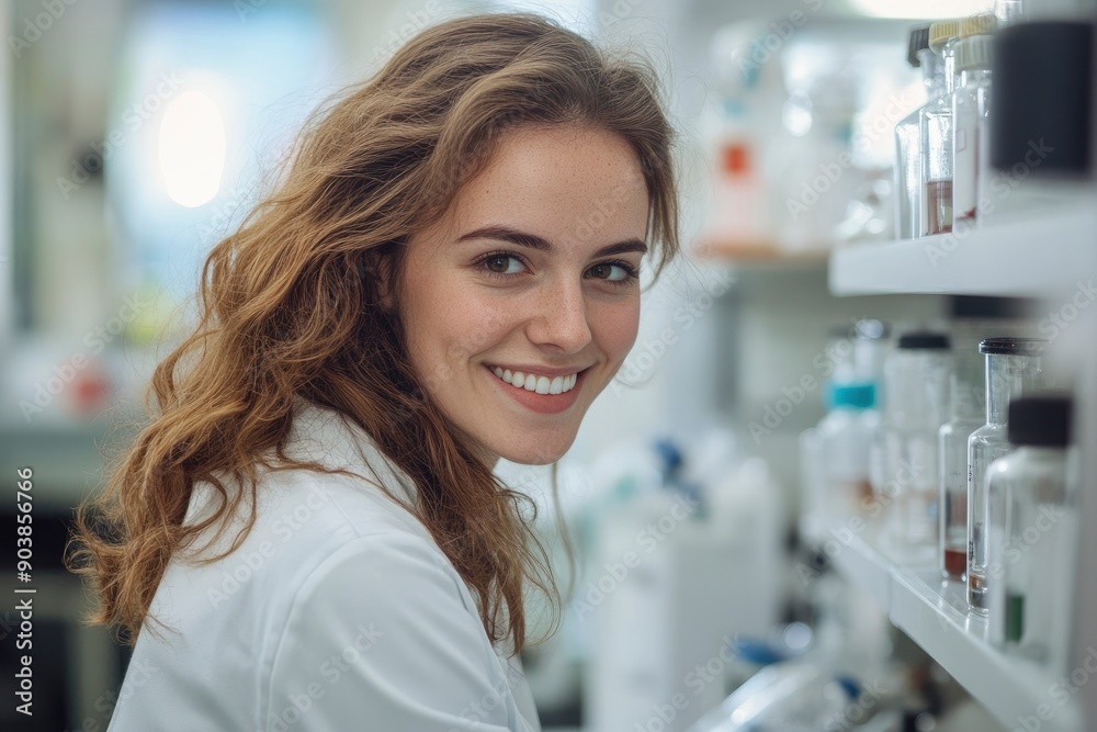 Building Successful Career in Science Research. Smart beautiful woman working in laboratory ...