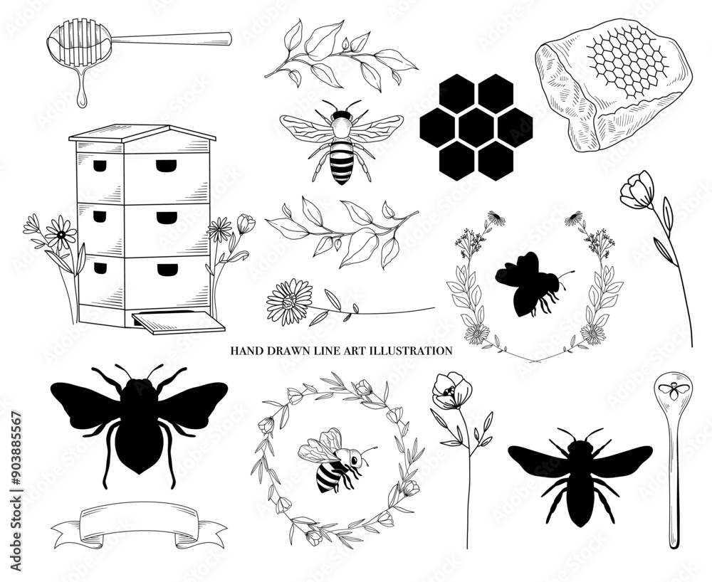 Line drawing bee, honey, beehive, beekeeping graphic set, hand drawn ...