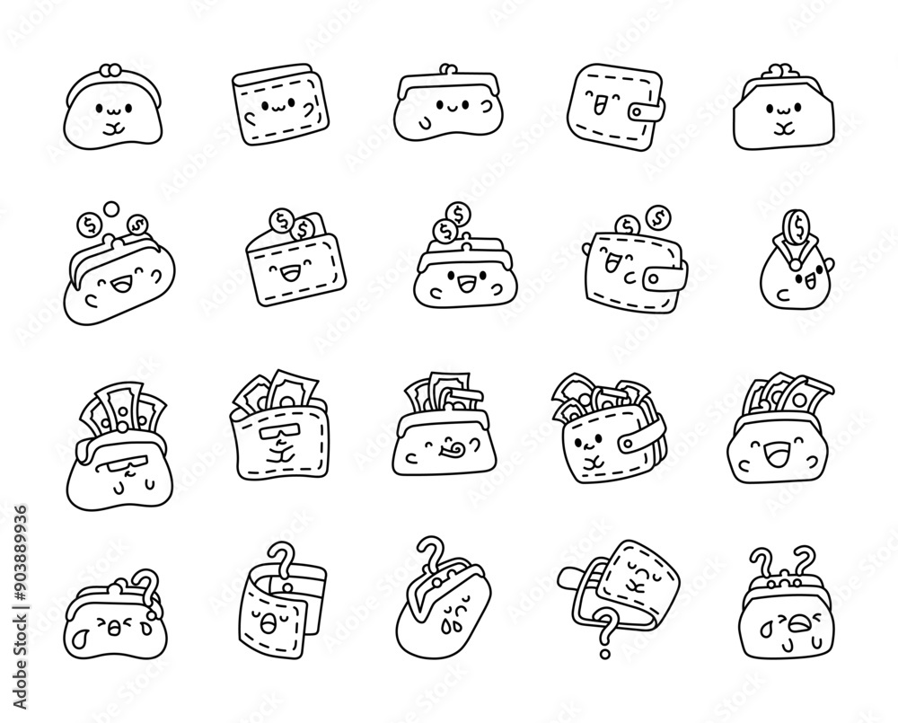 Adorable kawaii wallet. Coloring Page. Funny cartoon money accessory ...