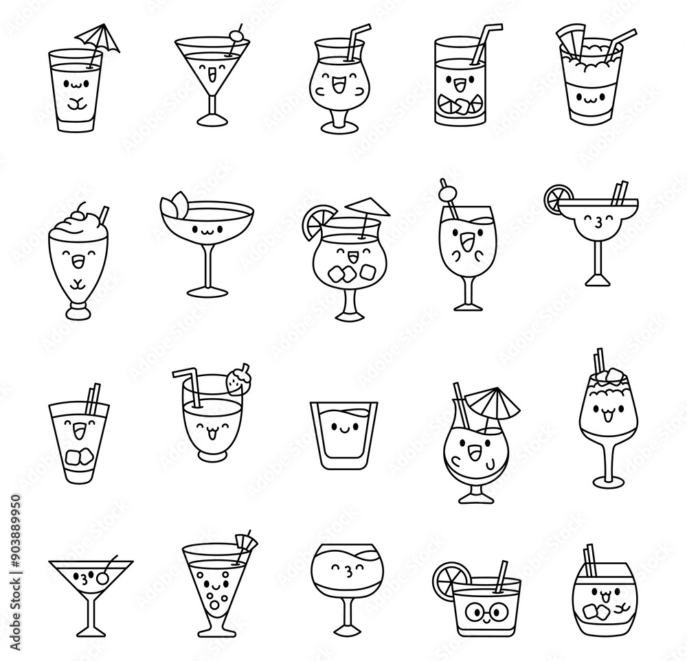 Adorable kawaii cocktail. Coloring Page. Funny cartoon summer drink ...