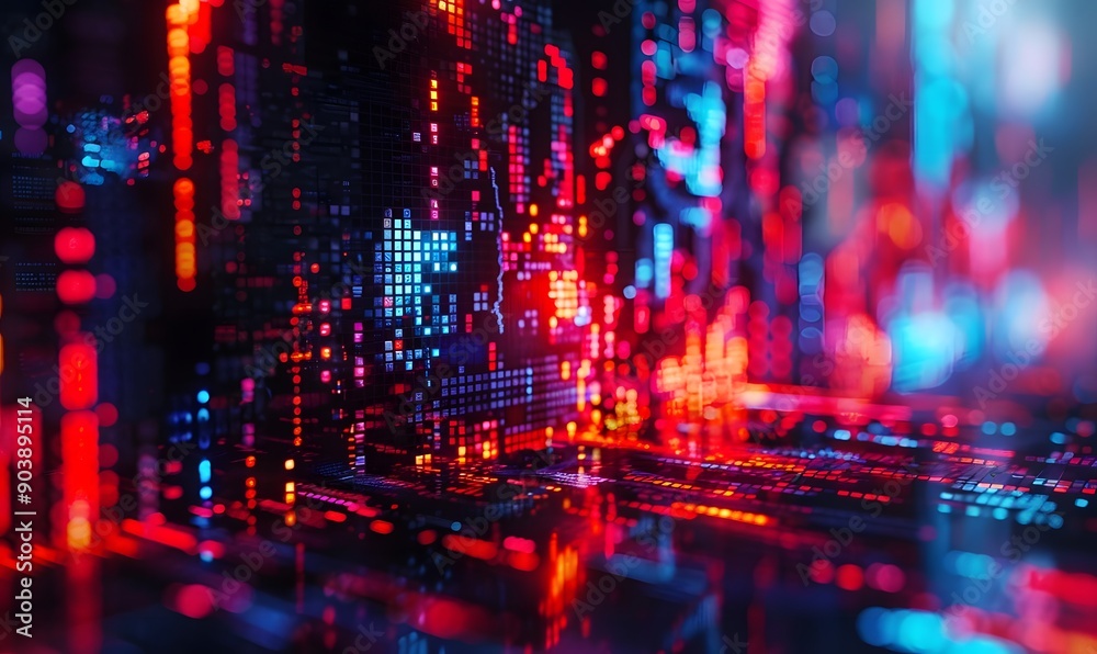 Show a close-up of a glitched LED screen displaying fragmented digital ...