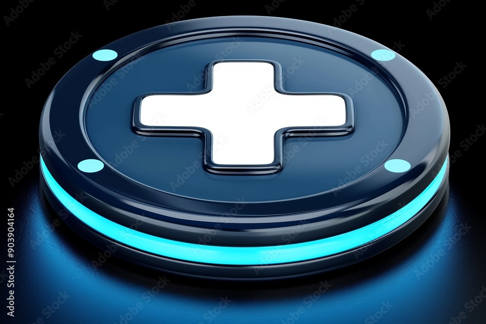 Futuristic 3D medical cross symbol in a dark blue and black setting ...