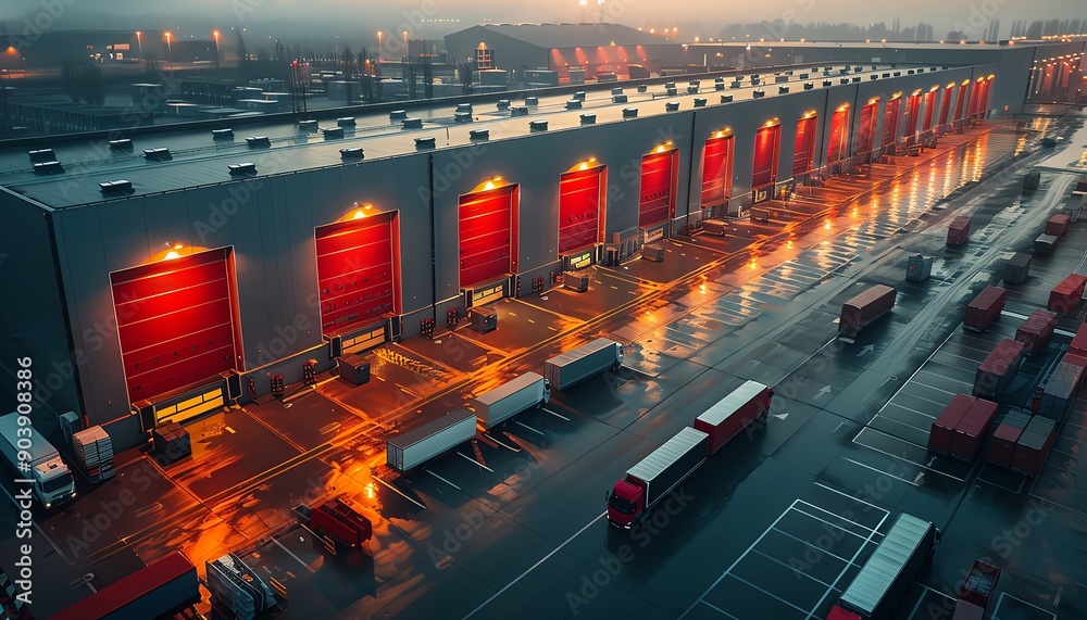 Drone capturing a birdseye view of a large distribution center with ...