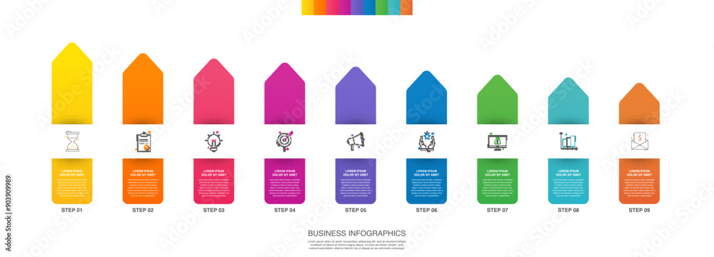 Vector infographic arrow design with nine steps. Infographics template ...