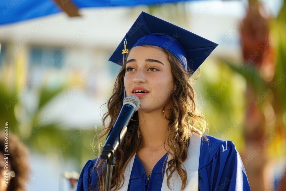 Valedictorian student giving a speech at graduation ceremony. Proud ...
