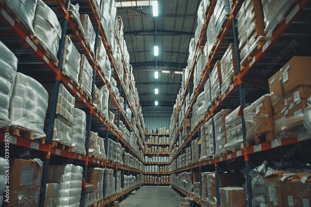 Warehouse with high shelves filled with goods stored on big industrial ...