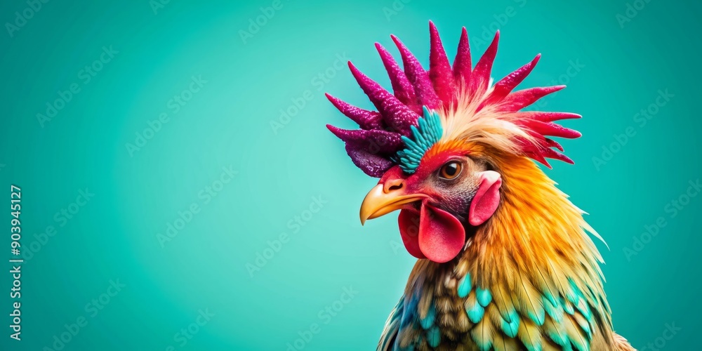 Colorful punk chicken wearing trendy sunglasses stands confidently ...
