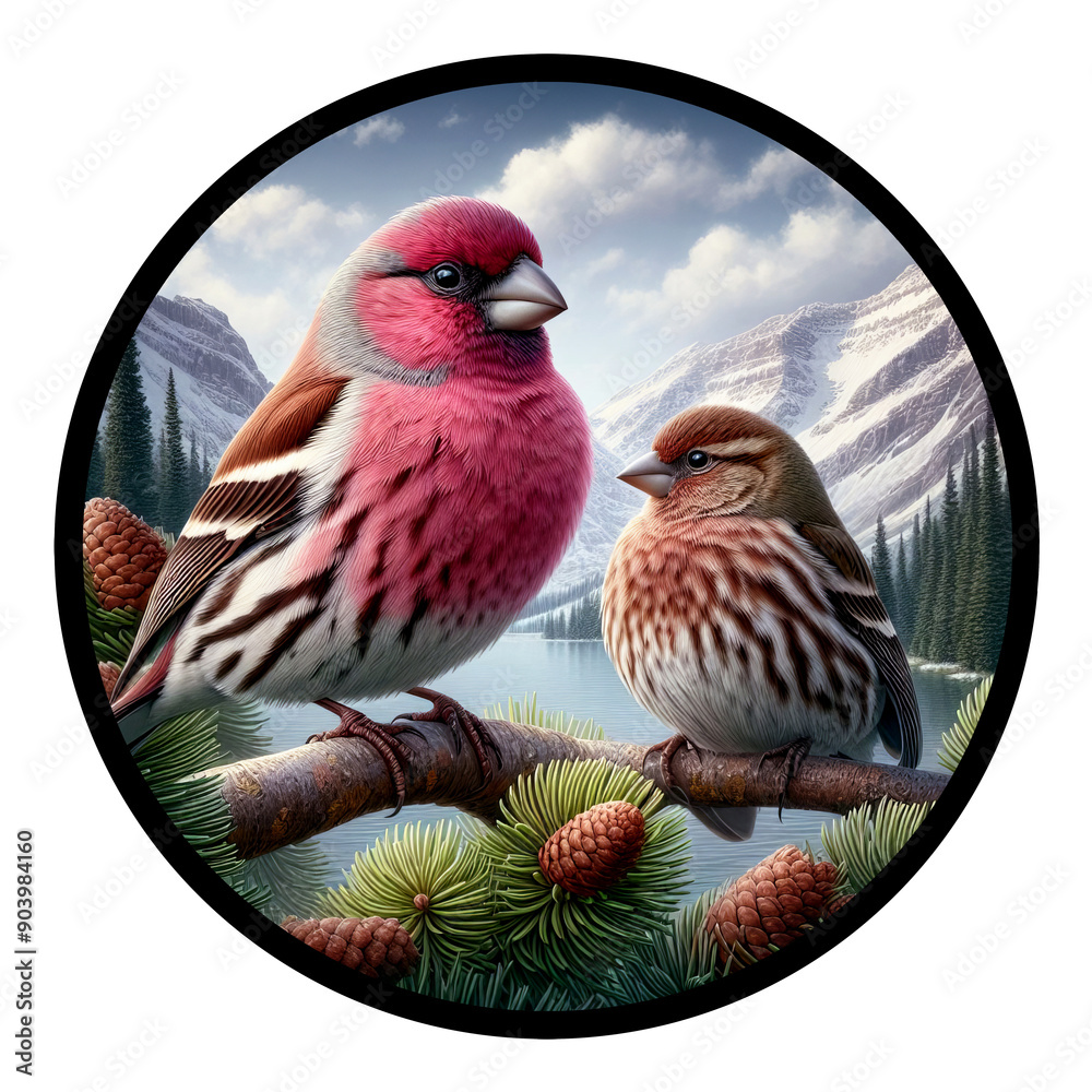 A circular 3D rendered watercolor painting of a male and female Purple ...