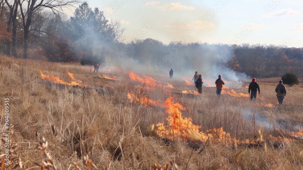 A controlled fire burn practice with firefighters in action. Firemans ...