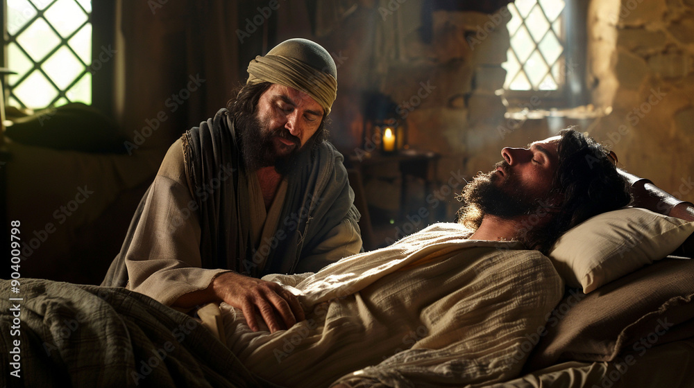 Caring for a sick lying man. Biblical ancient times. Illustration for ...
