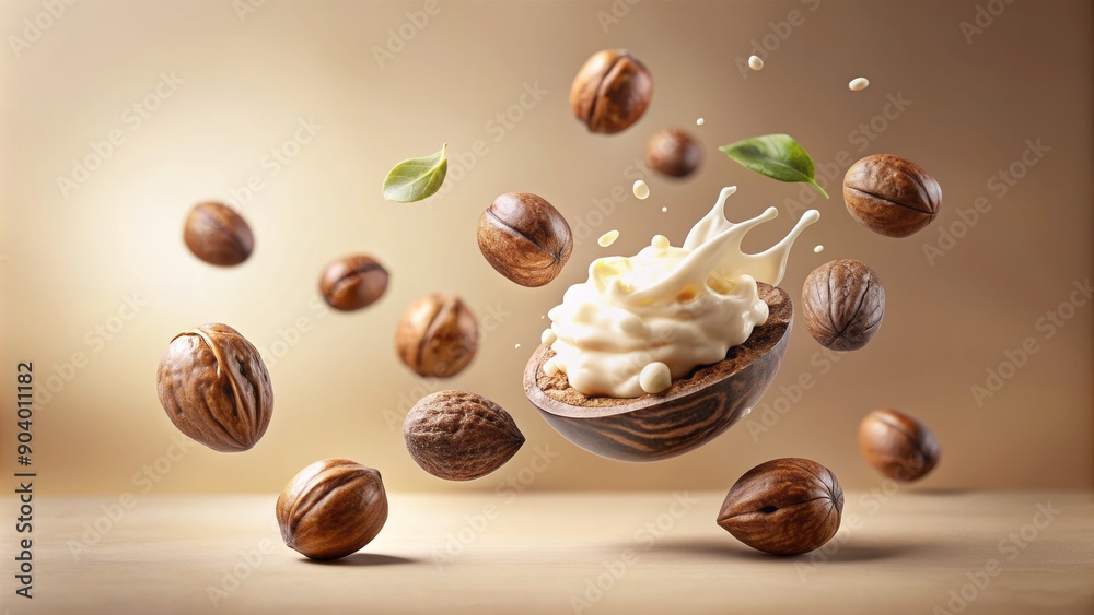 Vibrant shea seeds and creamy shea butter suspend in mid-air against a ...