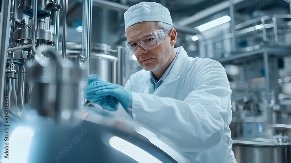 Hyper-detailed scene of a middle-aged engineer performing quality checks in a pharmaceutical ...