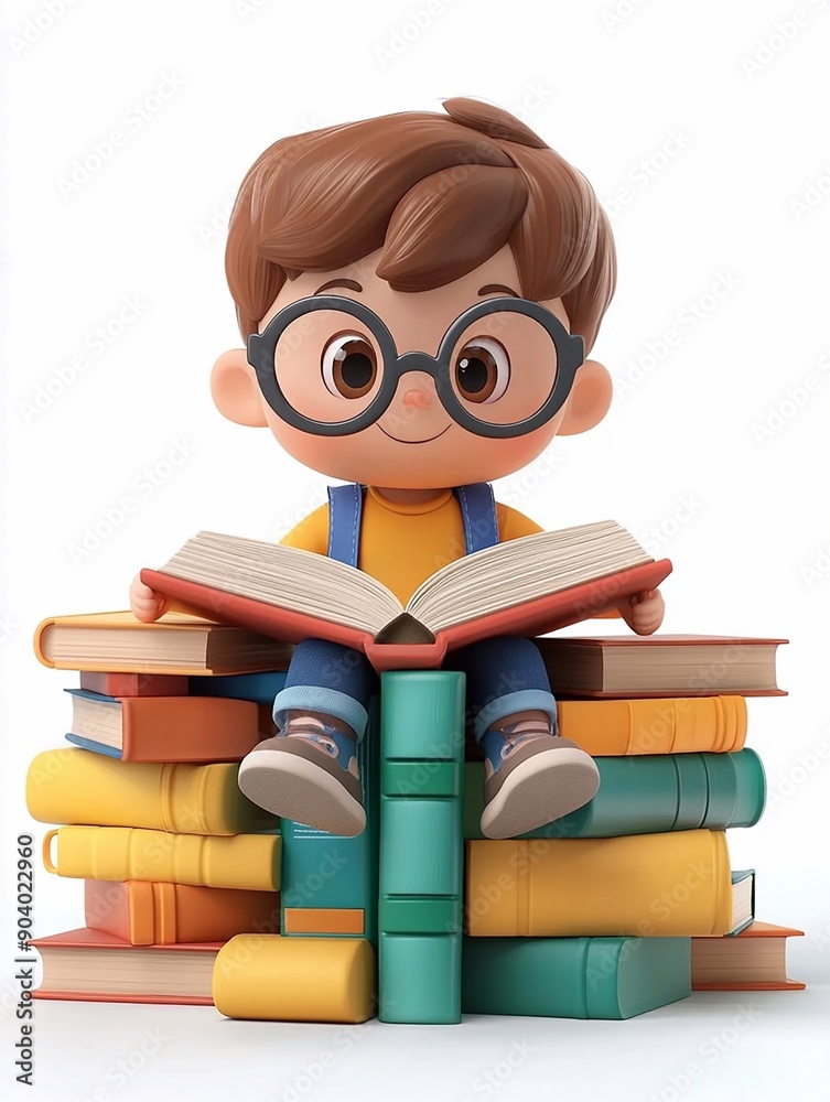 Cute kids reading book white background back to school 3D animation ...