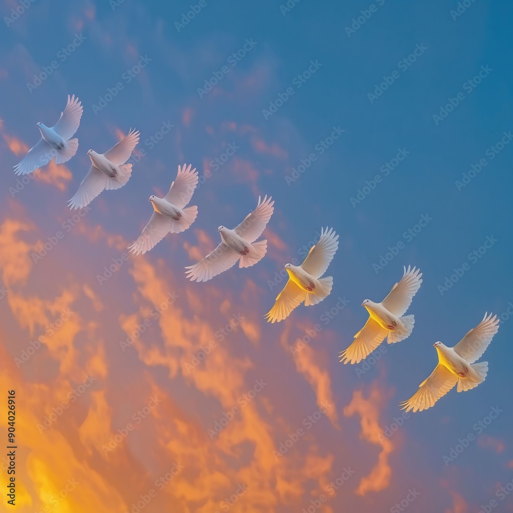 7 white doves flying in the sky at sunset, with colorful clouds and ...