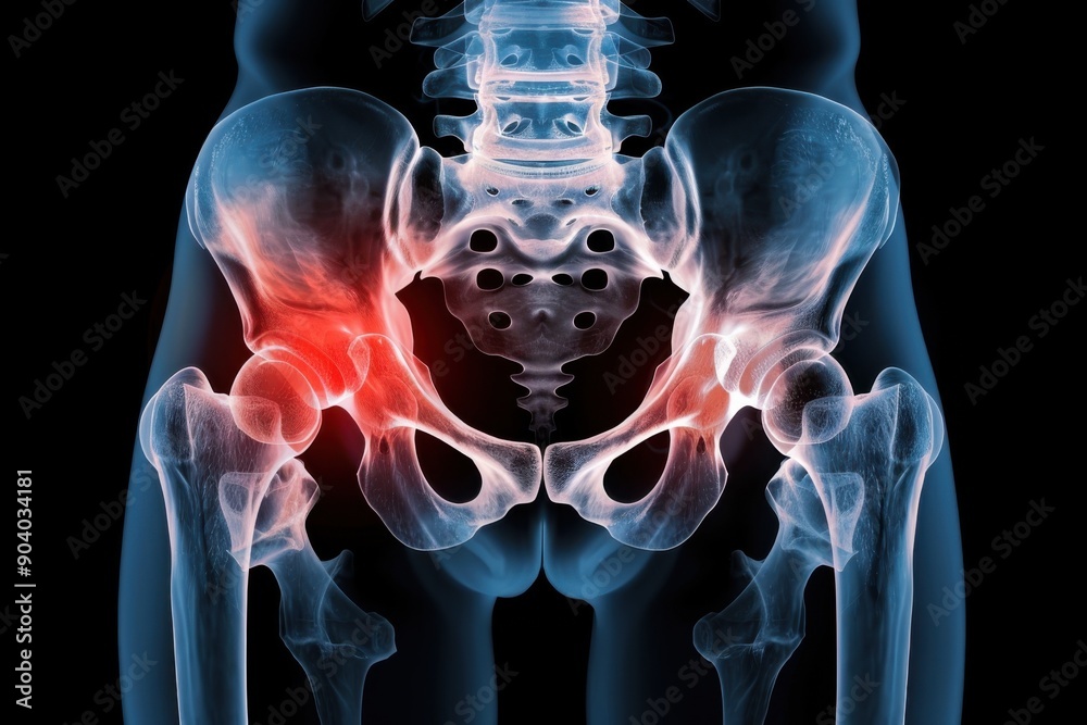 This image shows a highlighted hip joint area, representing pain or ...