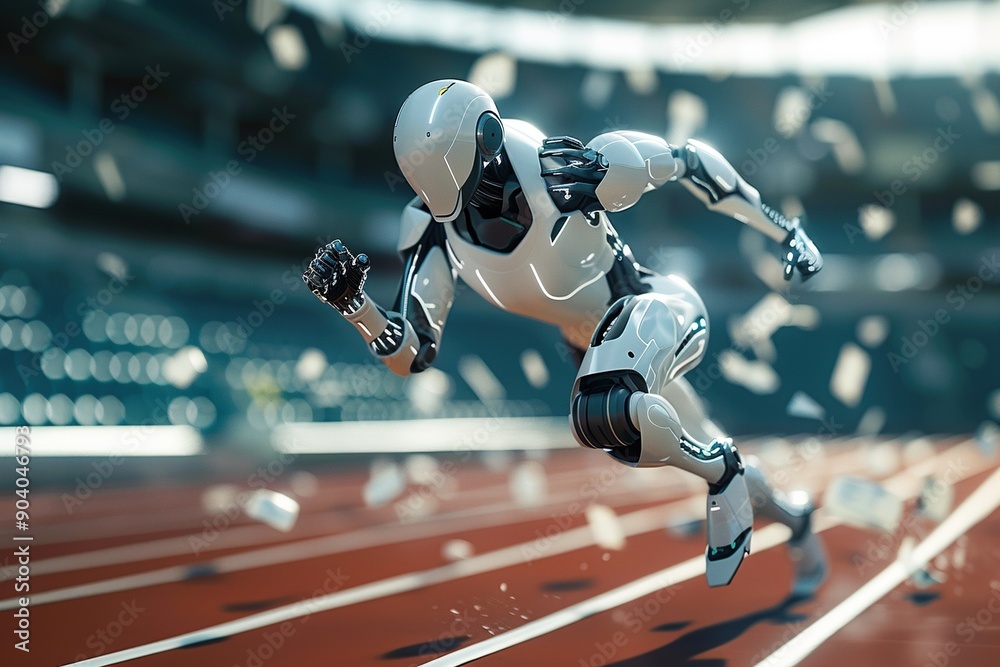 Robot athlete sprinting on race track at stadium. Futuristic concept of ... Robot athlete sprinting on race track at stadium. Futuristic concept of ...