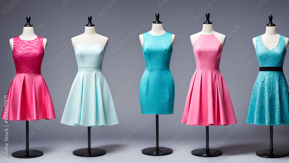 Dress to Impress: Elegant Party Dresses on Mannequins with Stands Stock ...