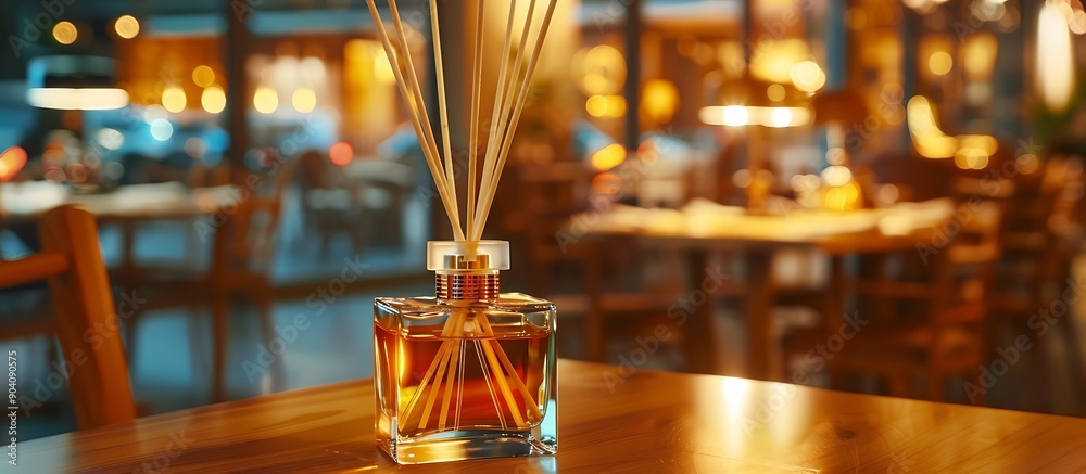 Reed diffuser close-up, restaurant at night, stand table with perfume ...