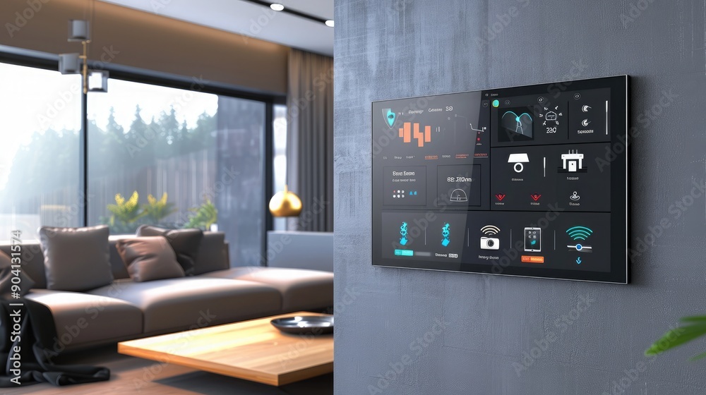 A modern living room with a wall-mounted home security control panel, displaying AI-driven ...