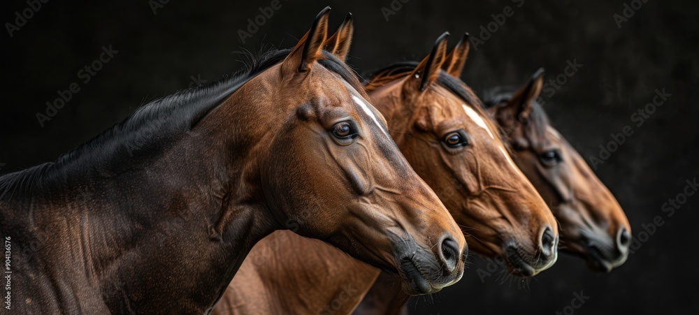 Morgan Horses. A trio of Morgan horses captured in profile ...