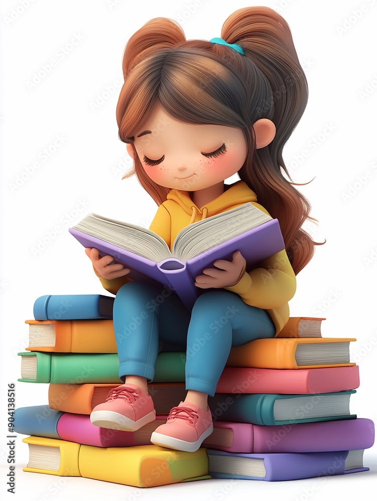 Girl on book pile reading book white background back to school theme 3D ...