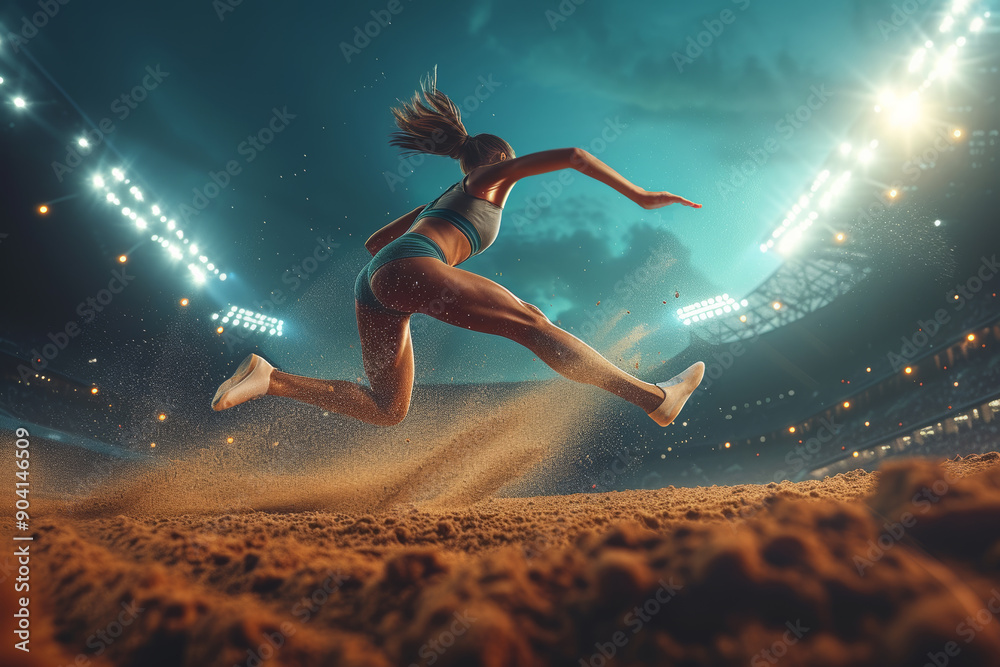 Female long jump athlete executing powerful long jump in brightly lit ...