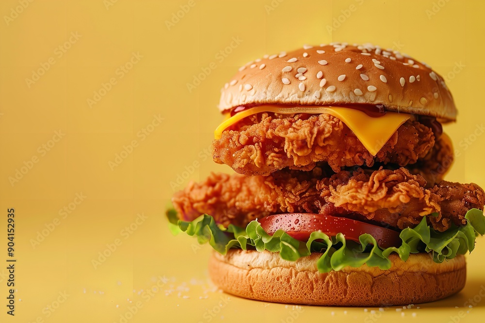 Delicious breaded chicken burger in close-up with a double cutlet on a ...