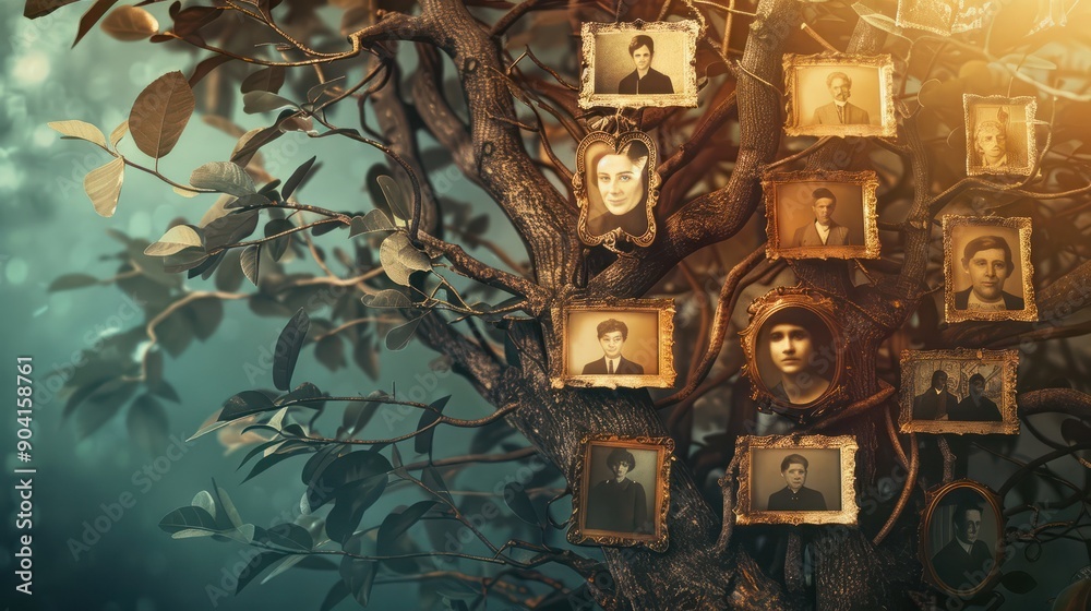 generations connected woman honoring ancestors with family tree of old ...