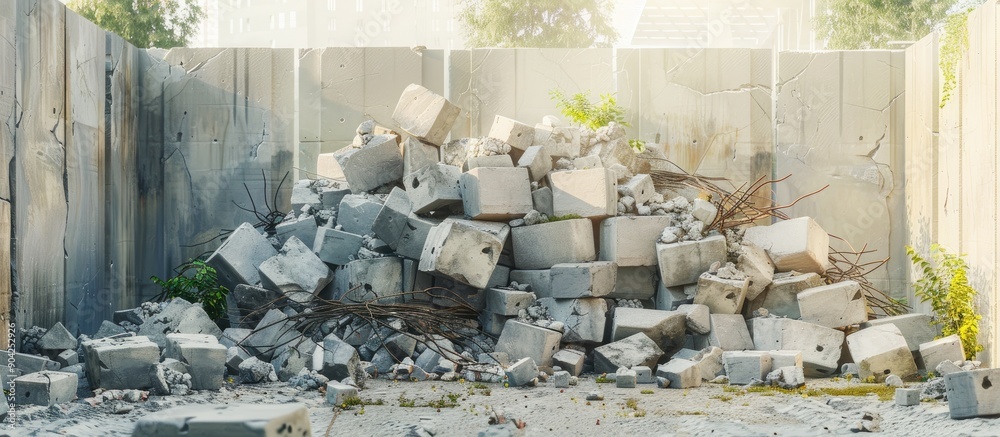 An outdoor yard filled with a large stack of shattered concrete and ...