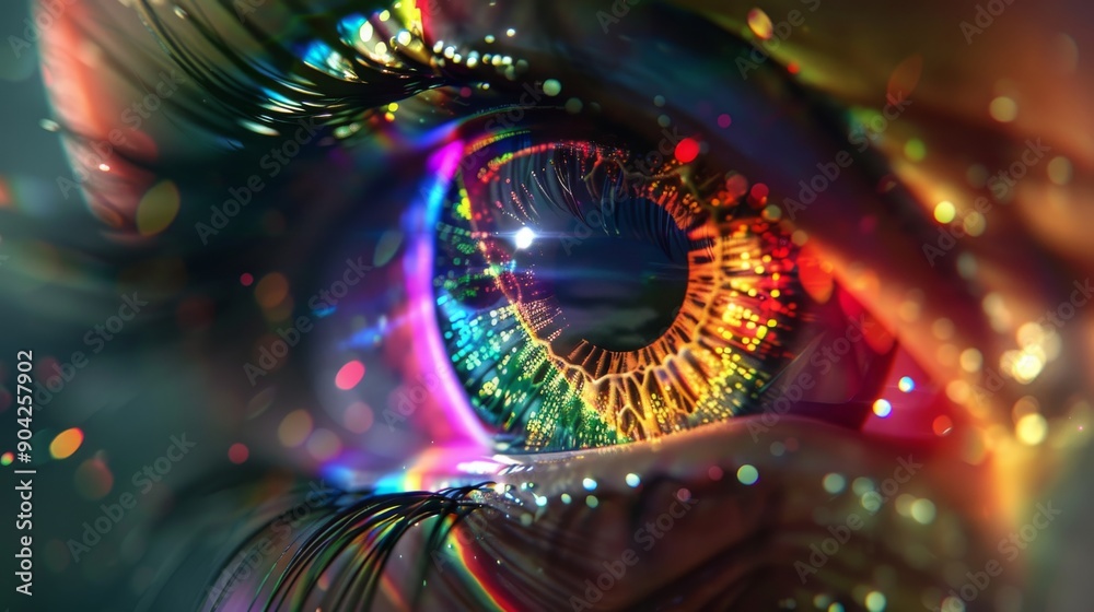 Concept of a human eye's multicolored iris animation: rainbow lines ...