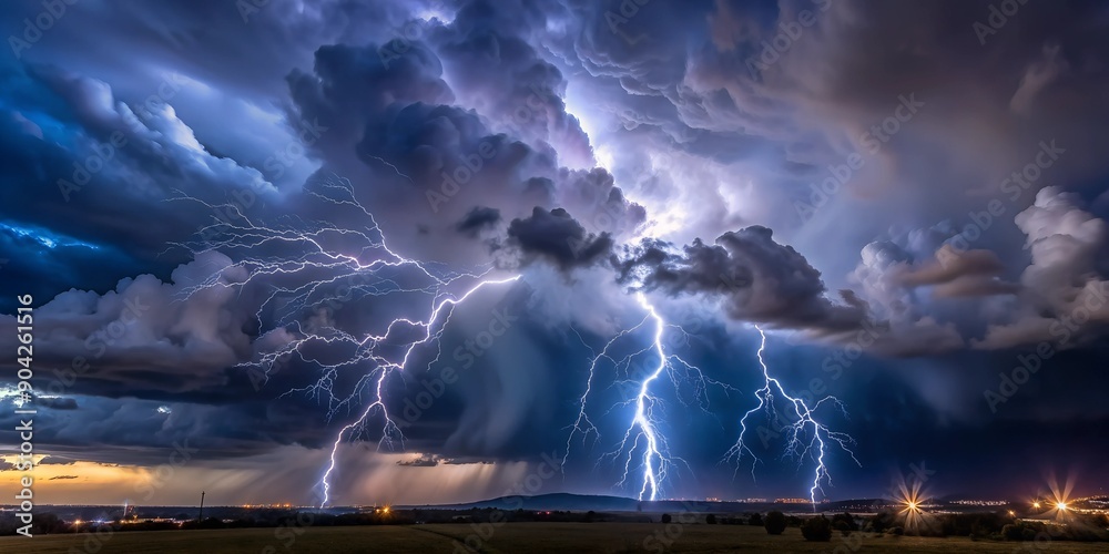 Panorama Dark cloud at night with thunder bolt Heavy storm bringing ...