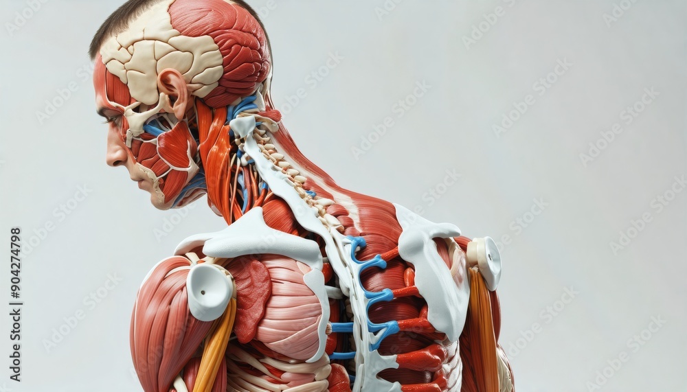 detailed human anatomy of upper body, white background, side profile ...