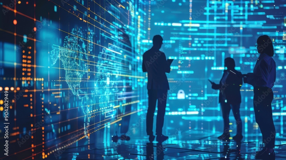 Business professionals using advanced analytics and AI tools to make ...