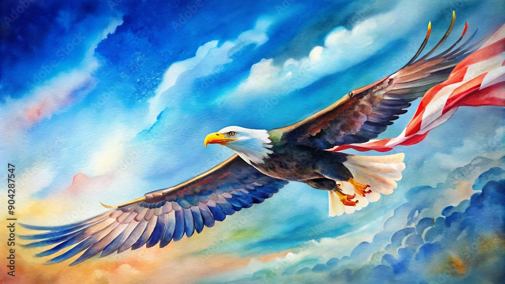 Majestic bald eagle soaring through a bright blue sky, proudly grasping ...