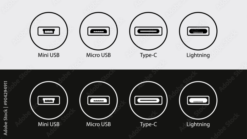 Type-C, Lightning, and Micro USB Female Socket Icons for Computers and ...