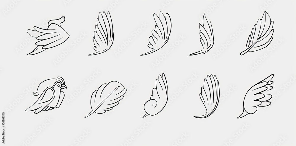 Drawing of bird feather wings. Divine angel wings ink sketch, black ...