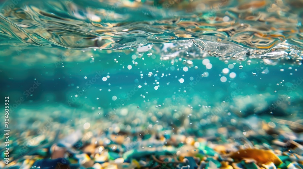 Close-up of microplastics in clear water, illustrating the critical ...